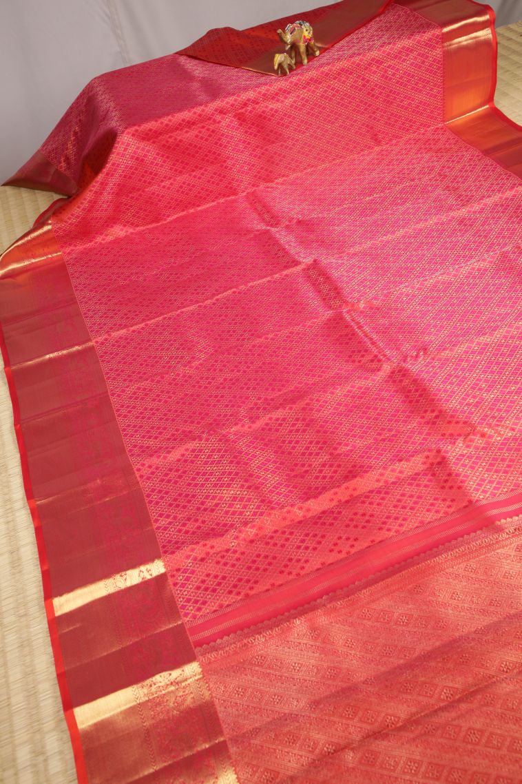 Strawberry Pink Kanchipuram Silk Sarees with Gold Zari Floral Patterns ...