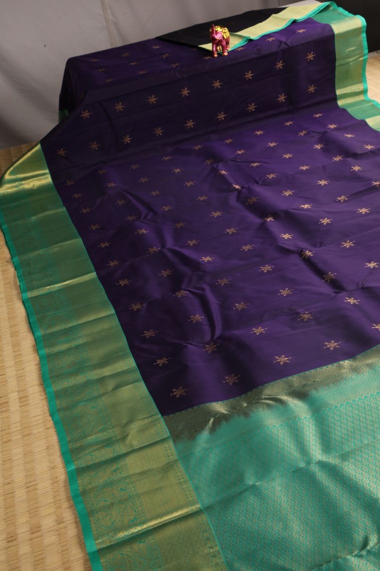 Indigo Blue Soft Silk Saree with Gold Zari Buttis (small Dots Or Motifs ...