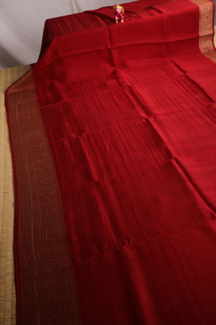 Cherry Red Banaras Sarees with Gold Zari Plain - Shree Devi Textile