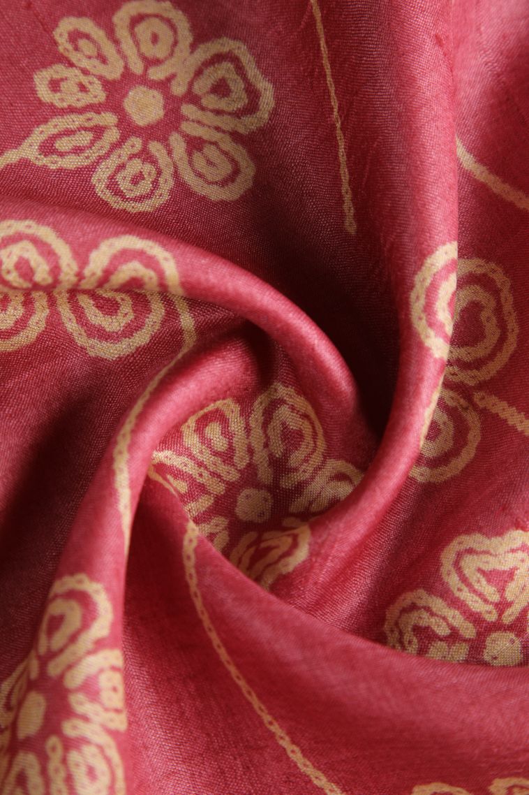 Rose Pink Tussar Saree with Gold Zari Floral Patterns - Shree Devi Textile