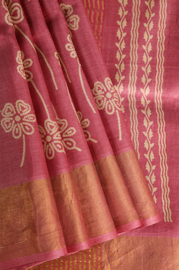 Rose Pink Tussar Saree with Gold Zari Floral Patterns - Shree Devi Textile