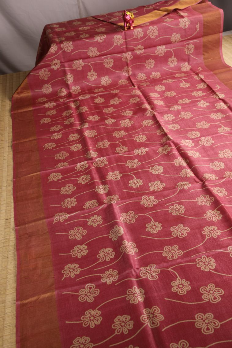 Rose Pink Tussar Saree with Gold Zari Floral Patterns - Shree Devi Textile